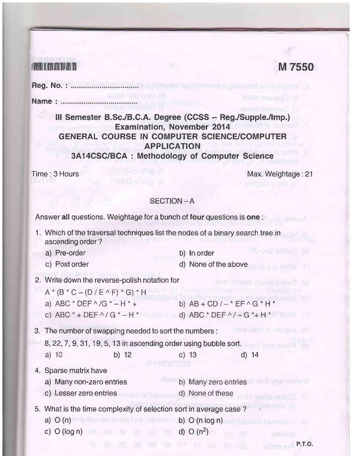 Computer science: Data Structure Previous Question paper