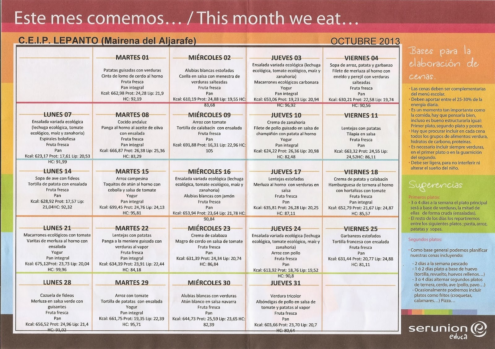 AMPA CEIP LEPANTO MAIRENA: MENU COMEDOR MES DE OCTUBRE