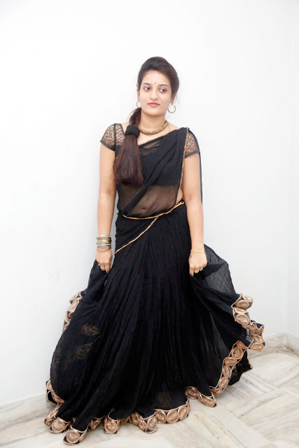 Tamil Latest Actress Janani Reddy in Black Transpaent Saree and Netted ...