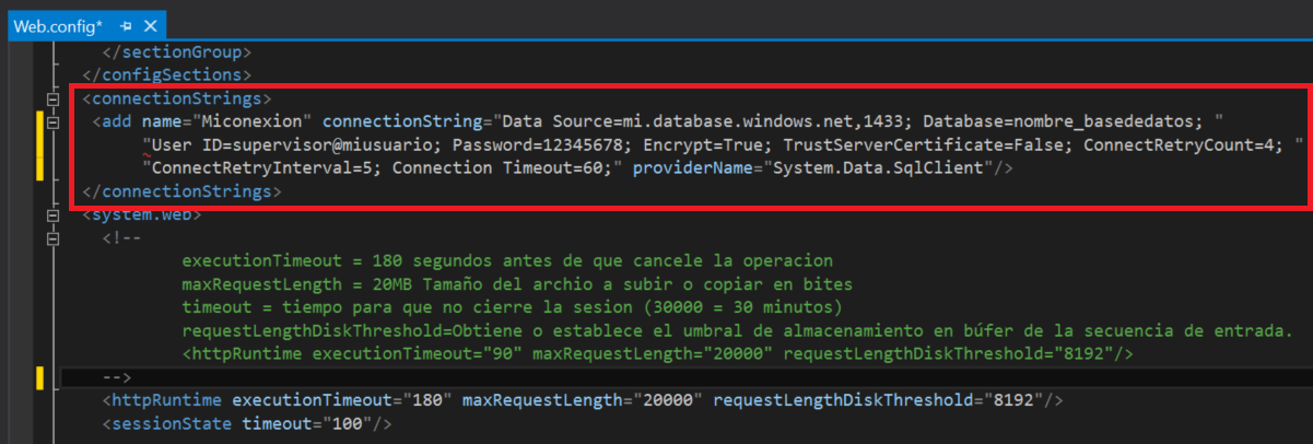 Configurar cadena de conexión de una base de datos SQL Server en Azure