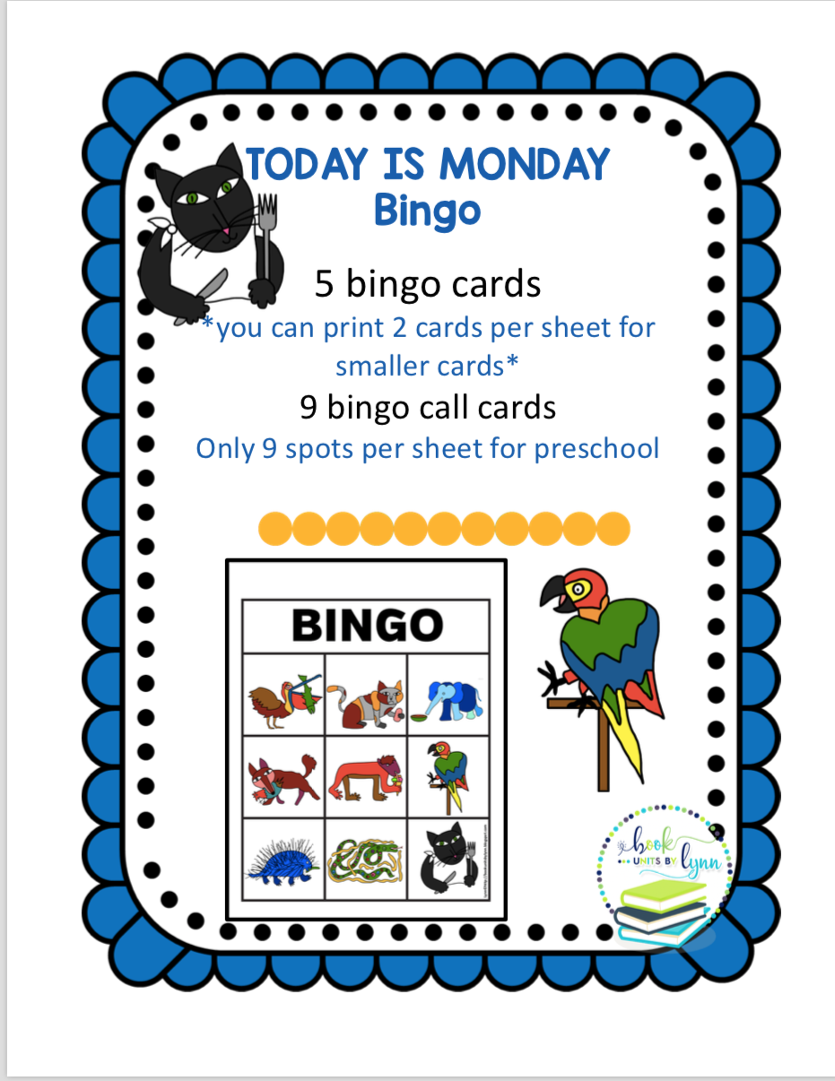 TODAY IS MONDAY BINGO SET ~ Book Units by Lynn