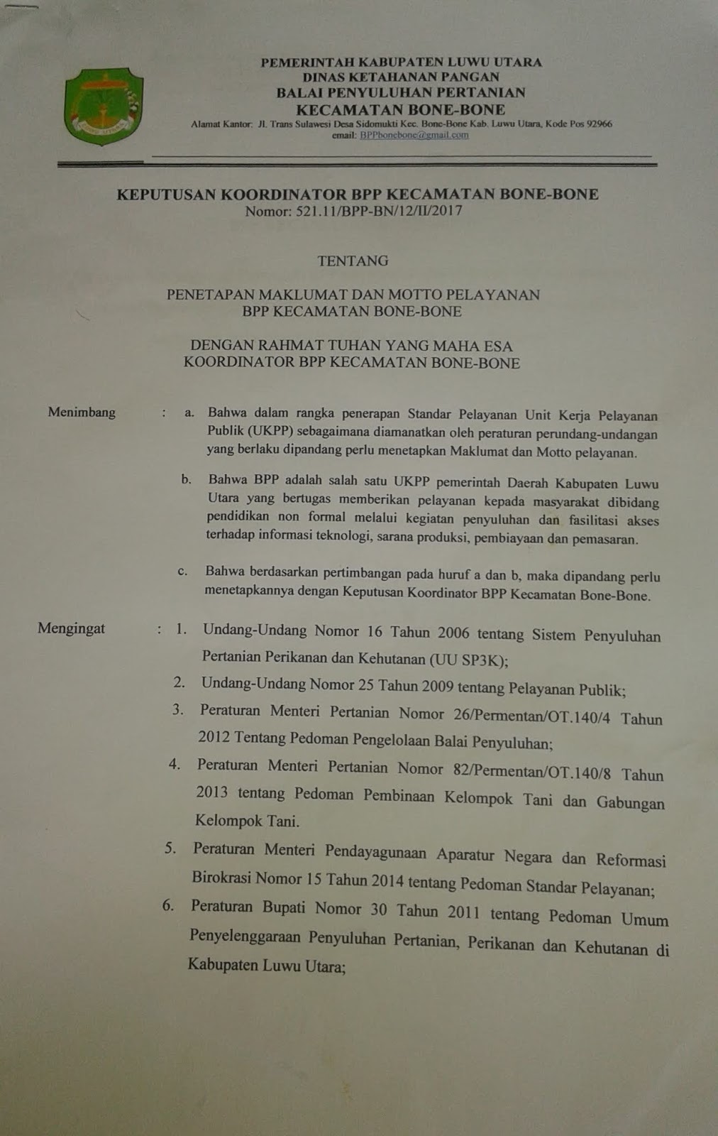 BPP KEC. BONE-BONE KAB. LUWU UTARA: SURAT KEPUTUSAN KOORDINATOR BPP KEC ...