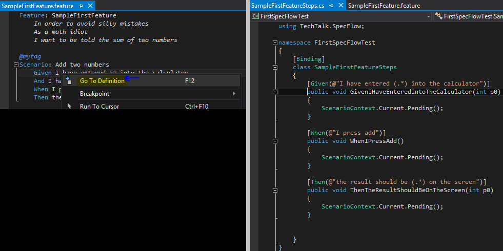 C# Visual Studio - SpecFlow Step Definition file | Automation Home