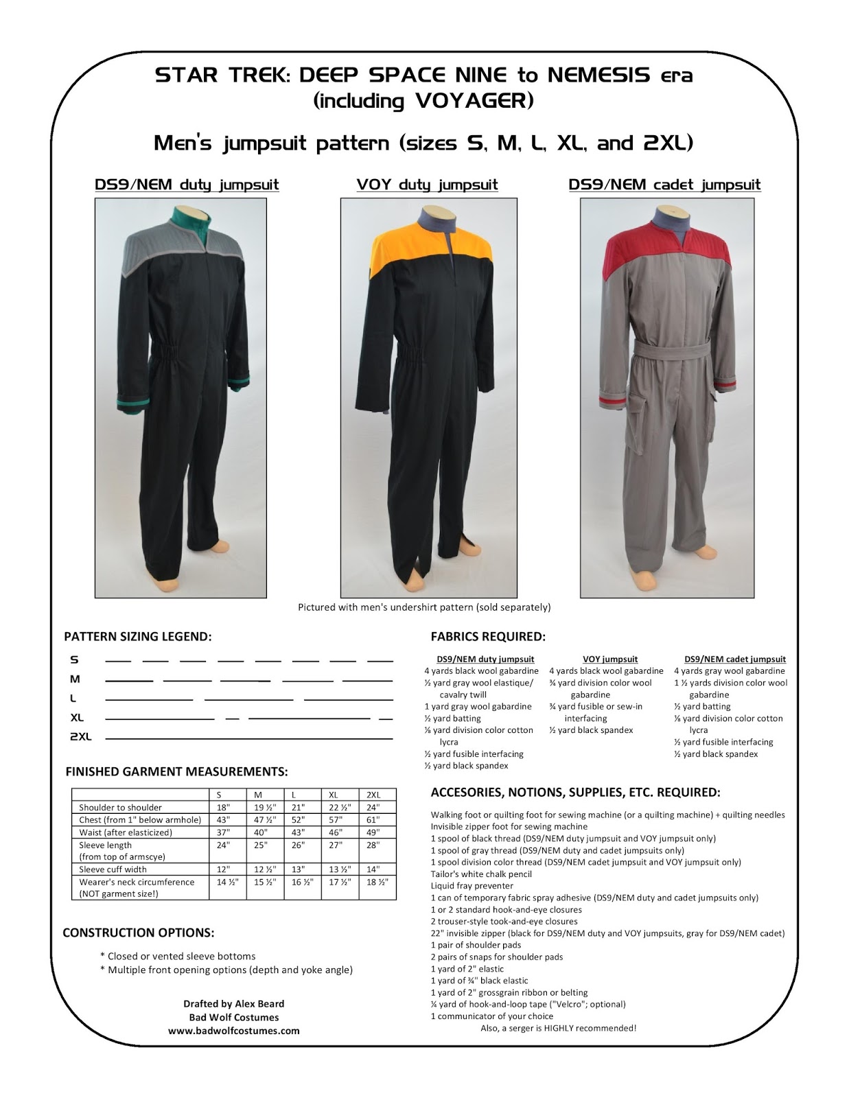 Bad Wolf Costumes: Star Trek: DS9/NEM and VOY Jumpsuit Sewing Pattern