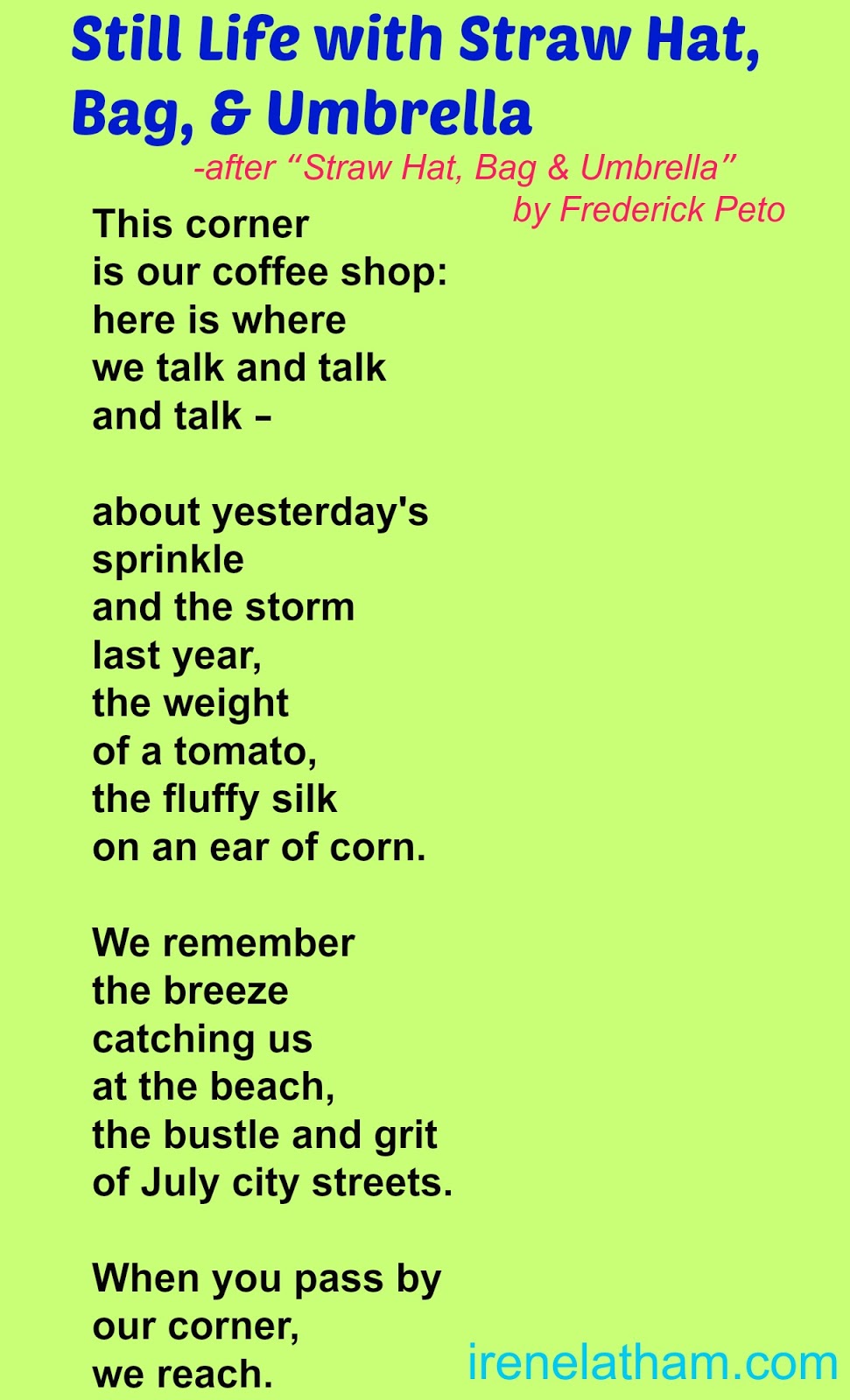 Live Your Poem...: ARTSPEAK! Poem #22 "Still Life with Straw Hat, Bag ...