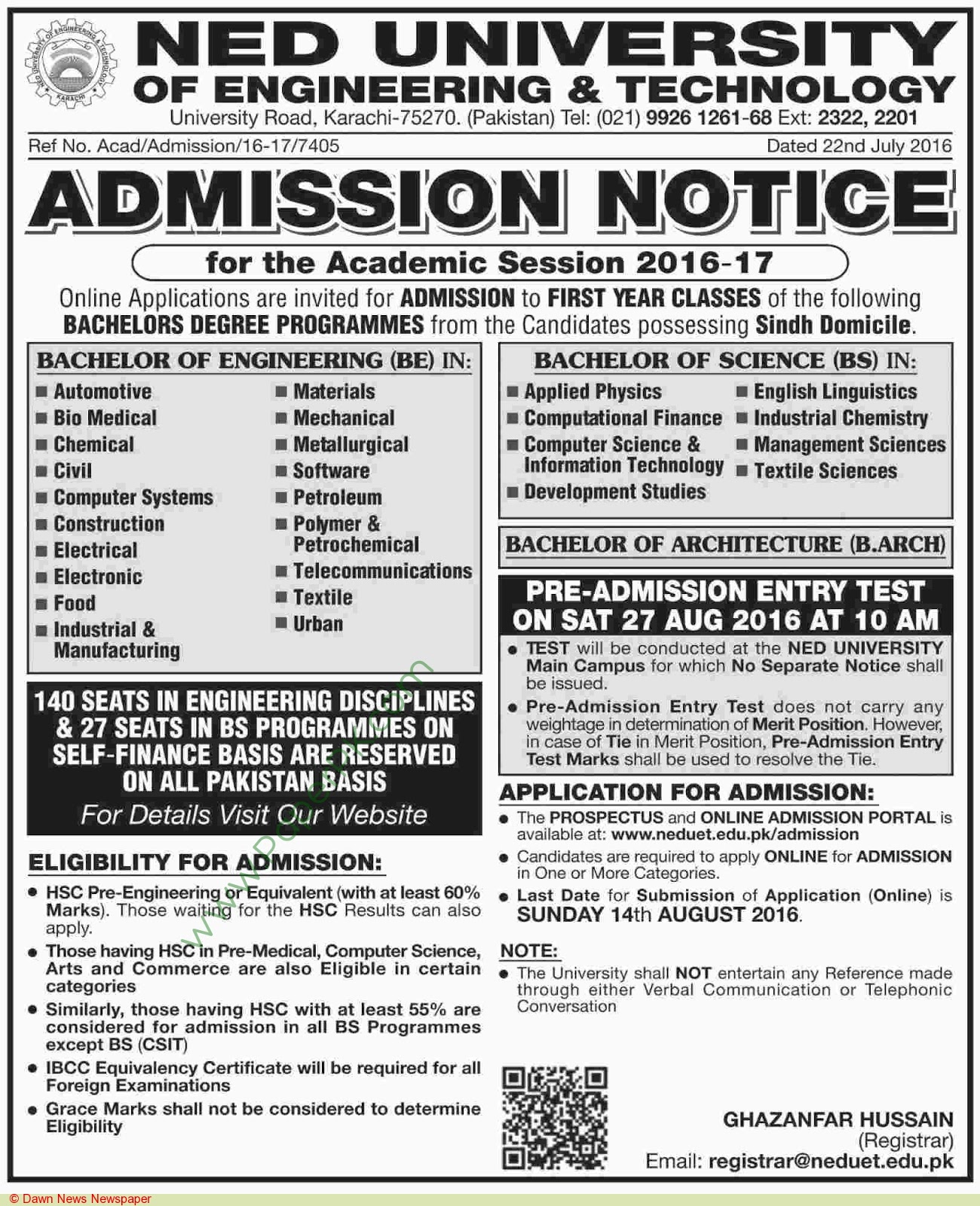 NED University of Engineering & Technology Admissions Open for Session ...
