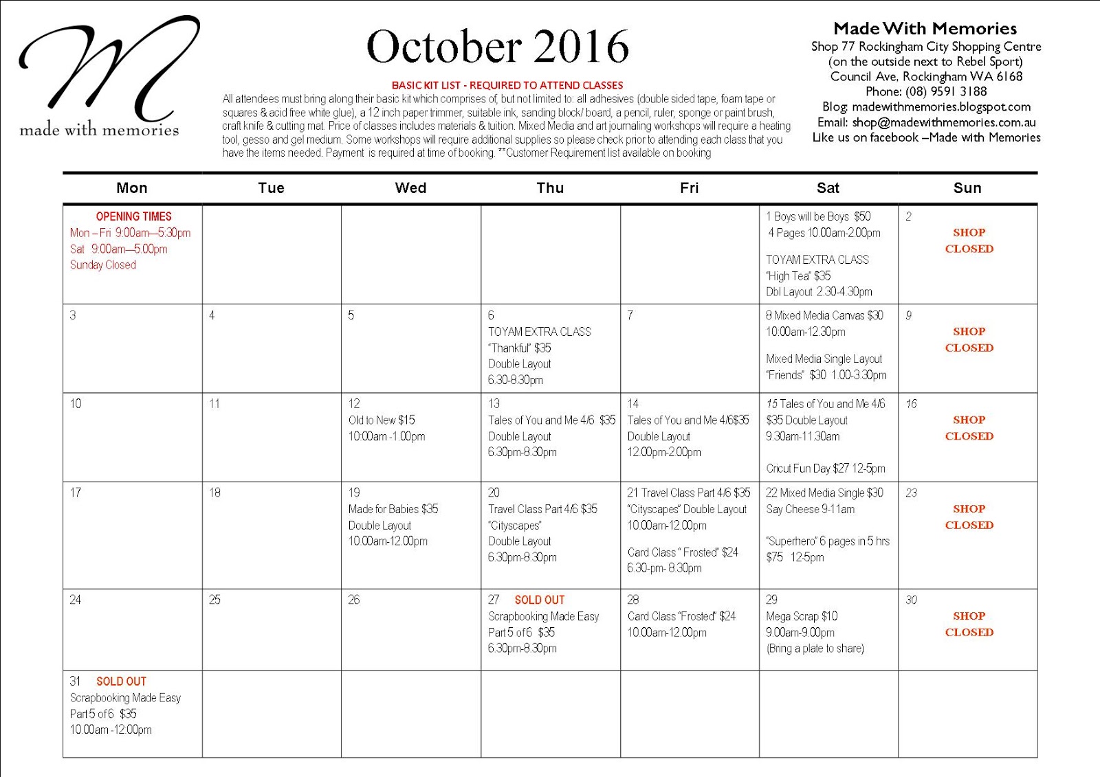 Made With Memories: October and November Class Calendar