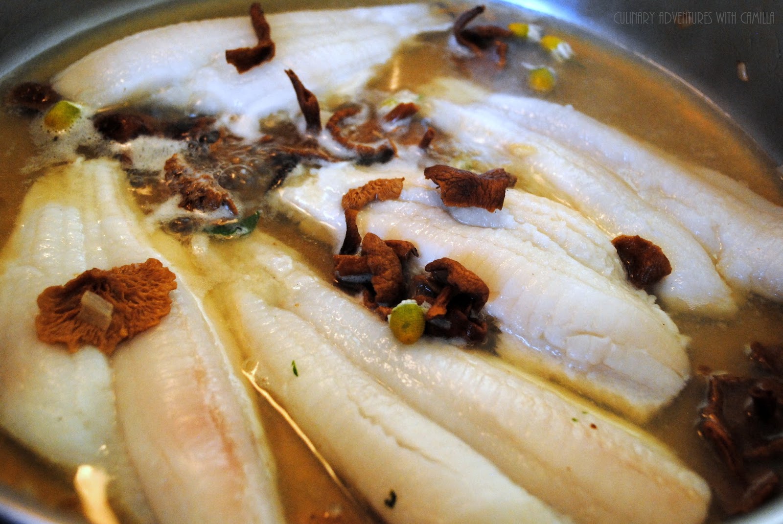 Chamomile-Poached Sand Dabs with Candy Caps #FishFridayFoodies