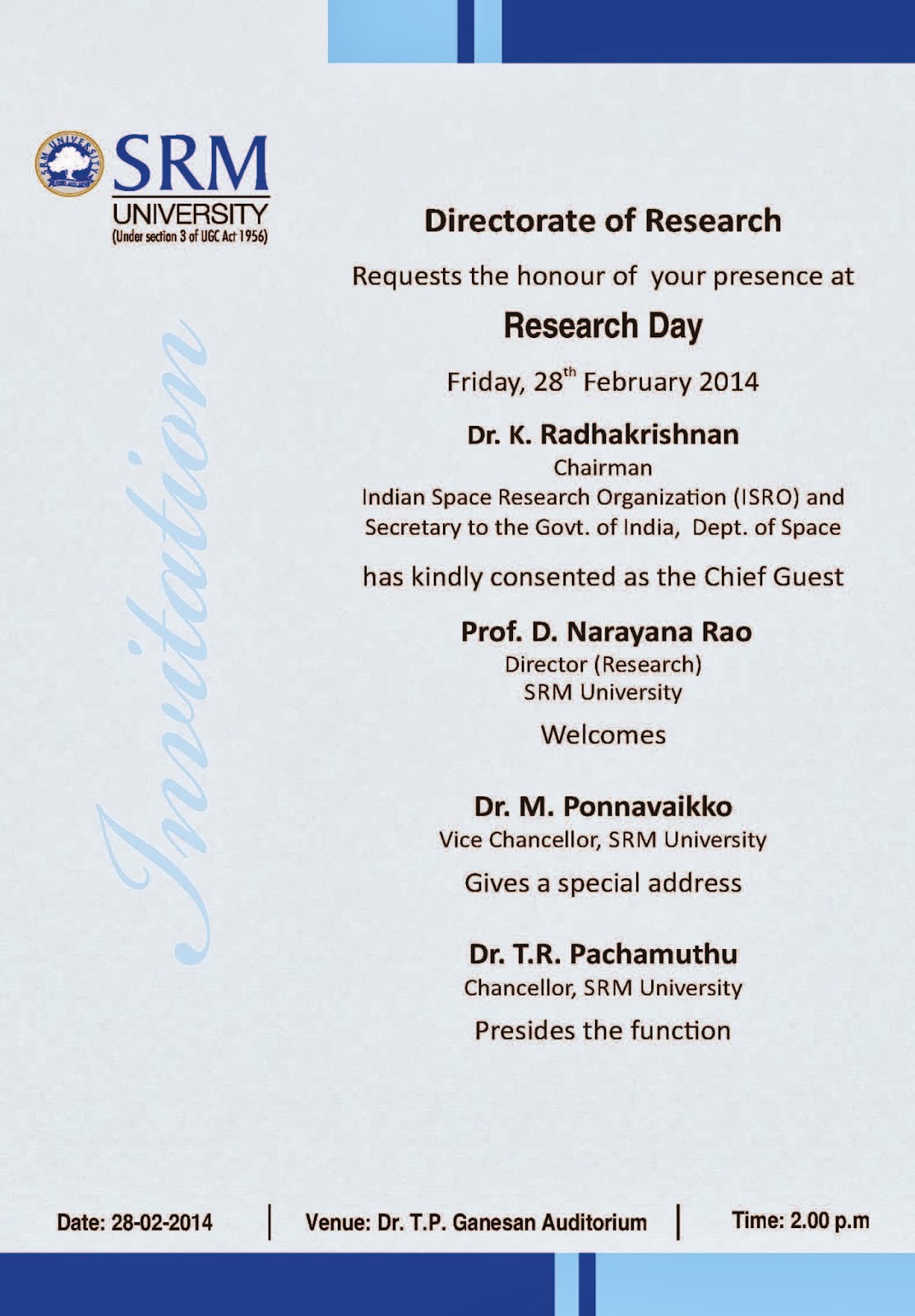 Research Day will be celebrated at SRM University on Thursday, 28th ...