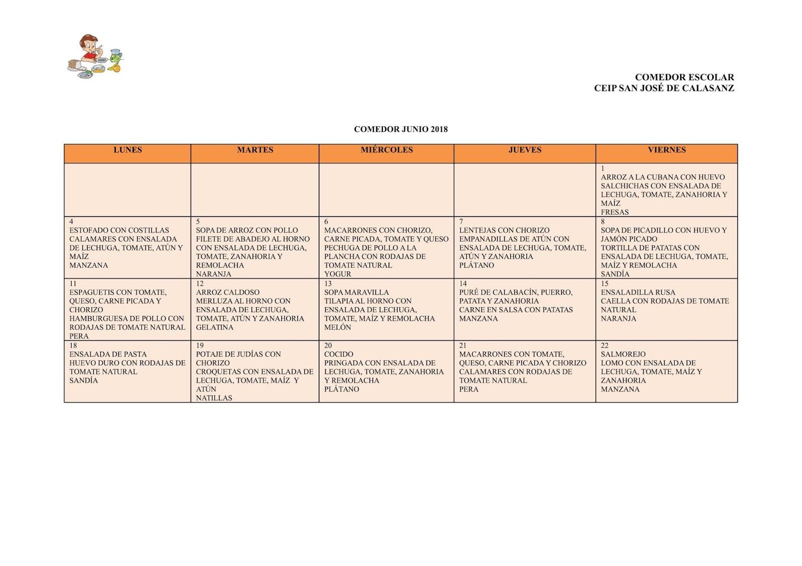COLE DE ZAGRA: MENÚ COMEDOR ESCOLAR