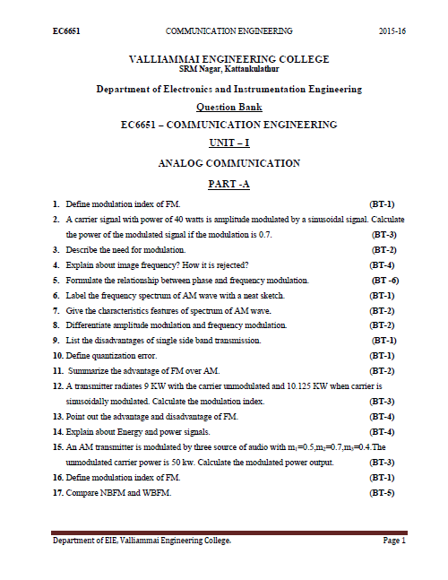 EC6651 Communication Engineering Question Bank - University Question Papers