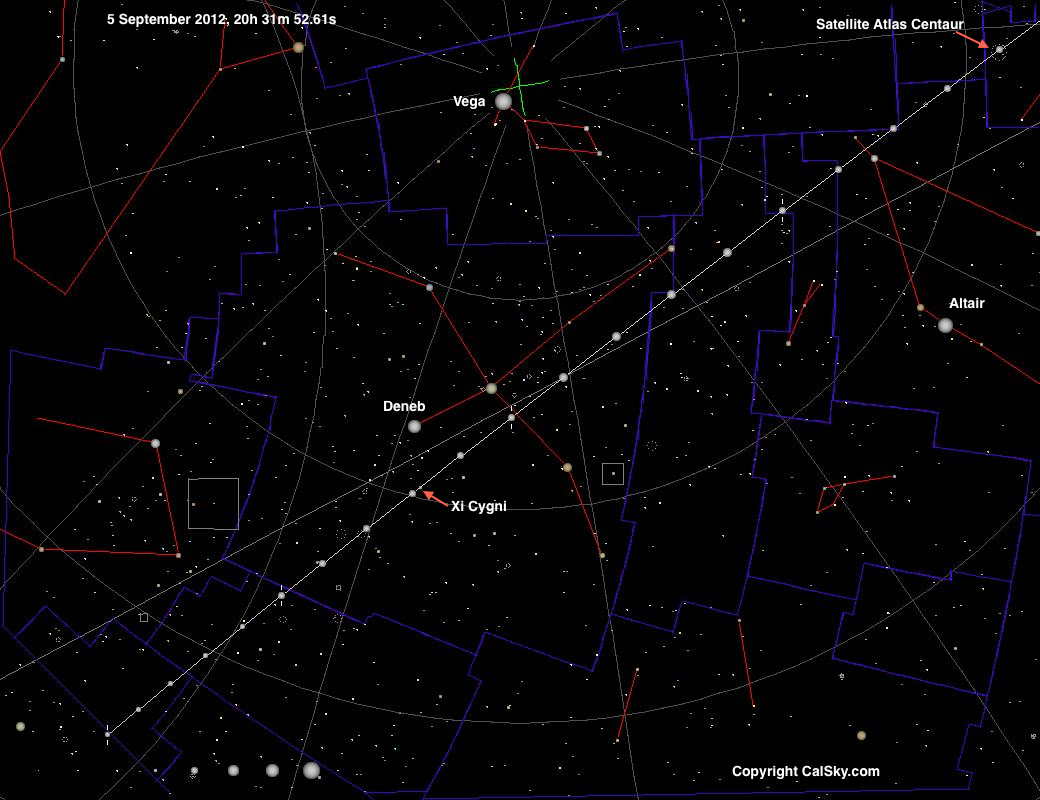 Satellites and surroundings: Satellite Atlas 5 Centaur close to Xi Cygni