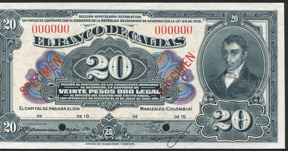 Colombia 20 Pesos banknote El Banco de Caldas|World Banknotes & Coins ...