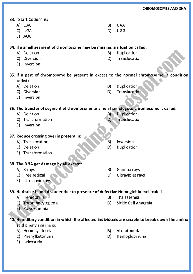 Adamjee Coaching: Biology Mcqs XII - Chromosomes and Dna - Mcqs Adamjee Coaching: Biology Mcqs XII - Chromosomes and Dna - Mcqs