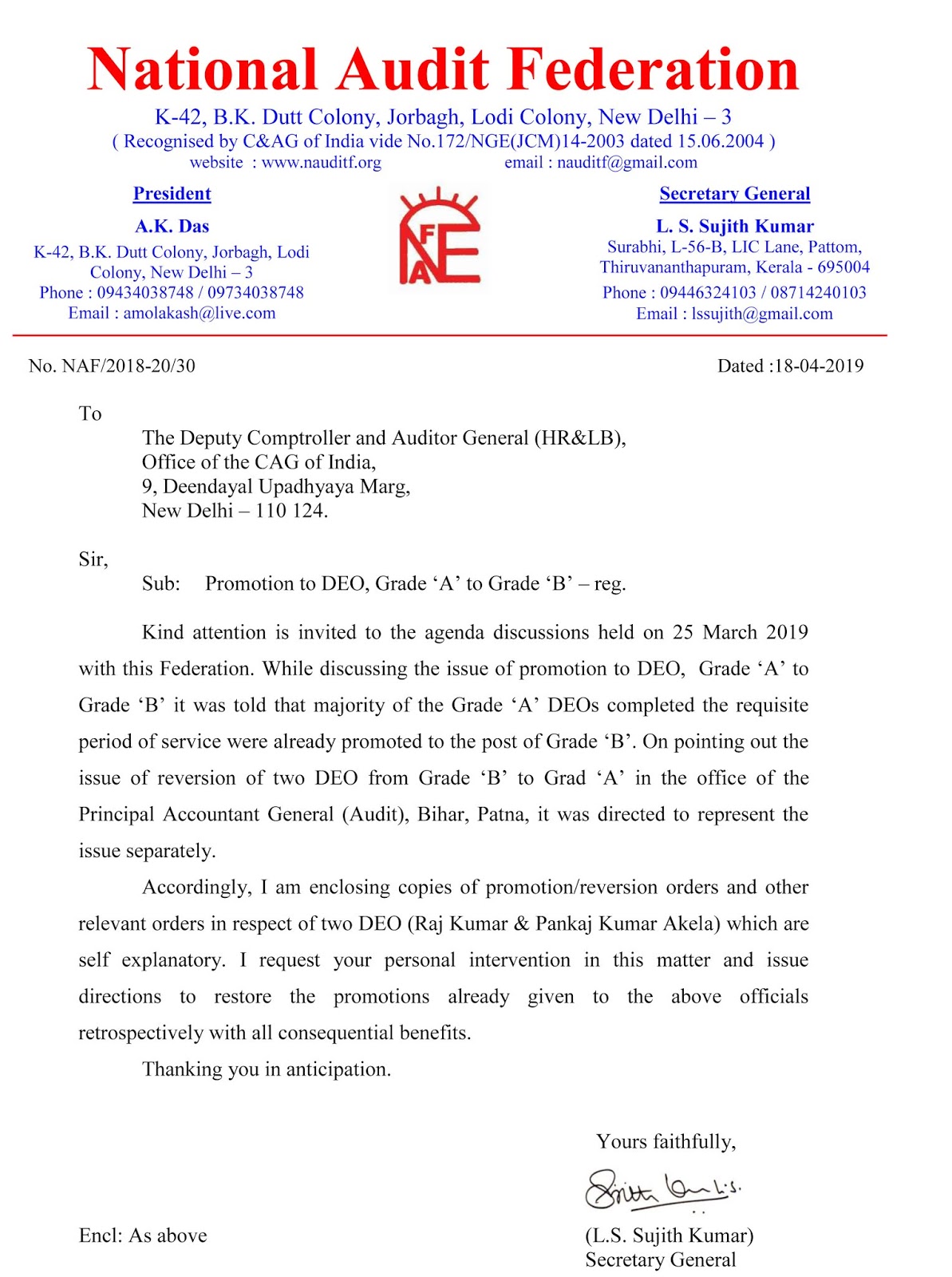 National Audit Federation: Letter submitted to CAG on Sr.AO Group A ...