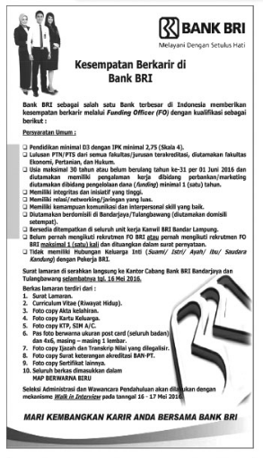 Lampung - OPEN REKRUTMEN BANK BRI Mei 2016 (Terbaru)