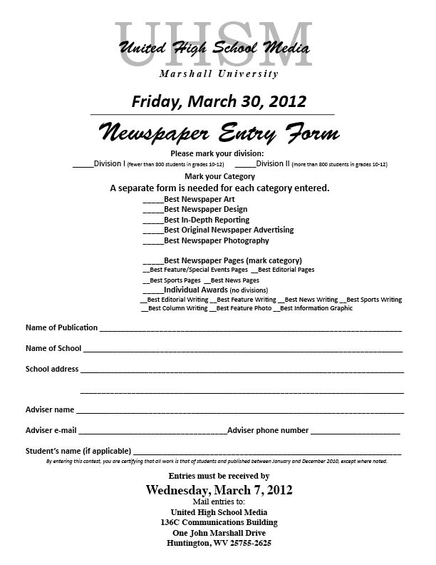 United High School Media: Newspaper Entry Form