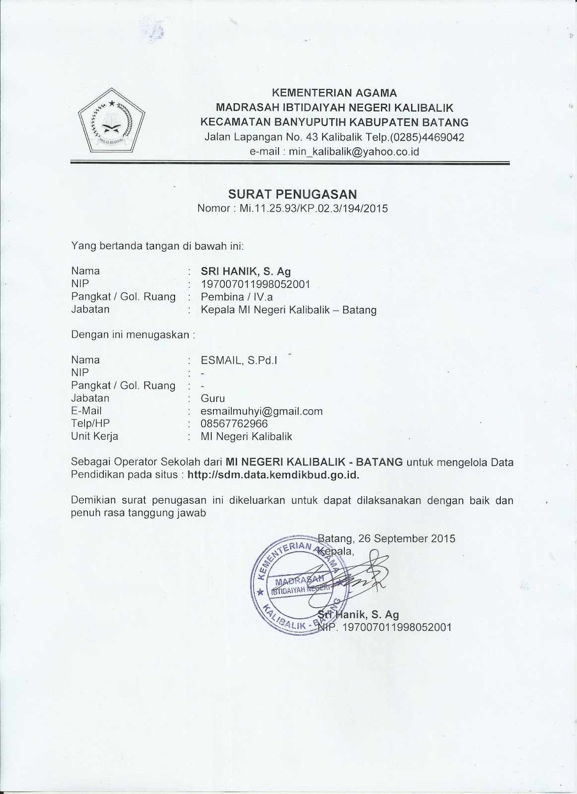 MI NEGERI KALIBALIK: CONTOH SK PENUGASAN OPERATOR MADRASAH