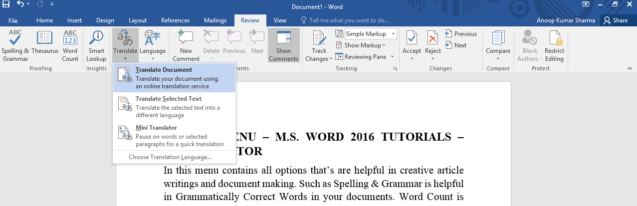REVIEW MENU – M.S. WORD 2016 TUTORIALS – SCIENCE TUTOR