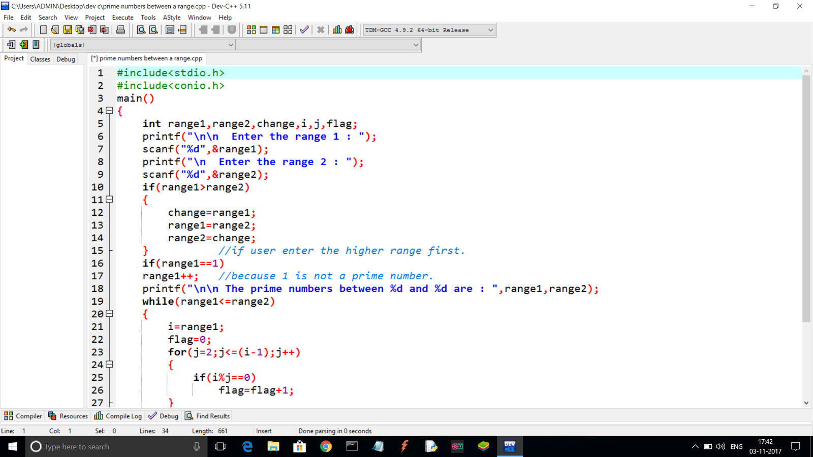 C-program to find Prime numbers between a range