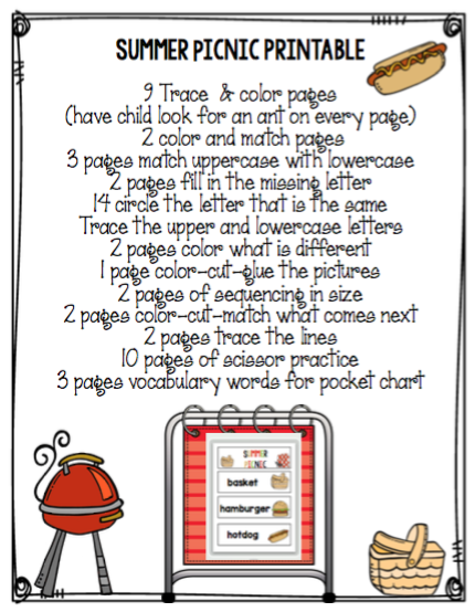 Summer Picnic Printable ~ Preschool Printables