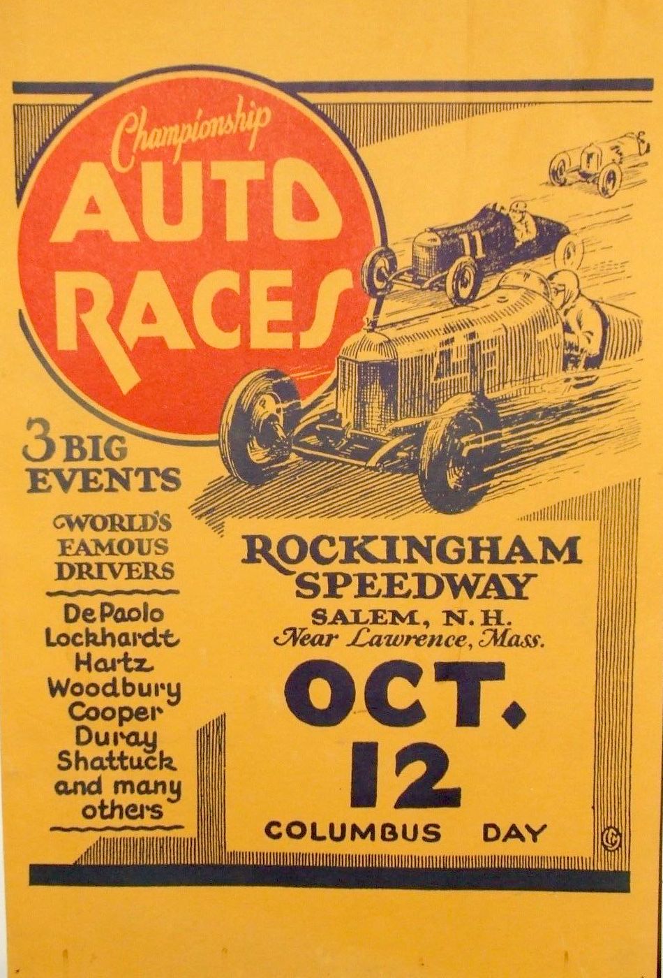 Deadly Curves: 1920's New Hampshire Racing Poster DePaolo Duray Shattuck