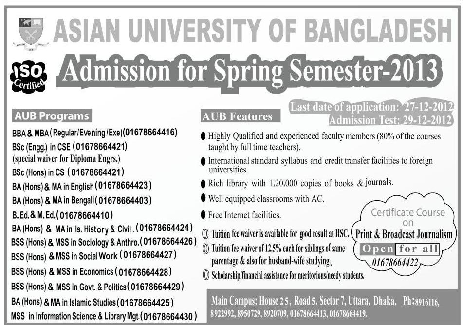 Asia News: Asian University of Bangladesh Admission for Spring 2013