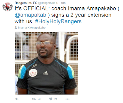 NPFL Champions Enugu Rangers reward coach Imama Amapakabo with 2 year ...
