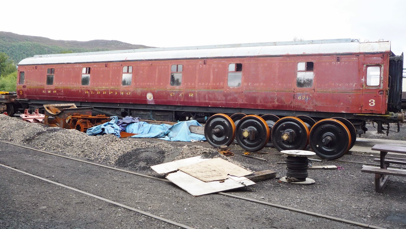 Restoring coaches at Aviemore: Two sleepers "Gift Wrapped"