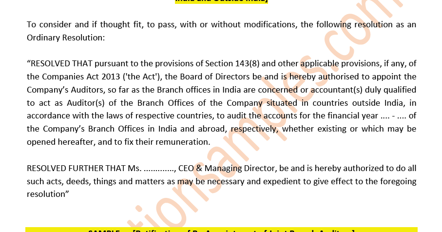 Draft Shareholders Resolution for appointment of Branch Auditor