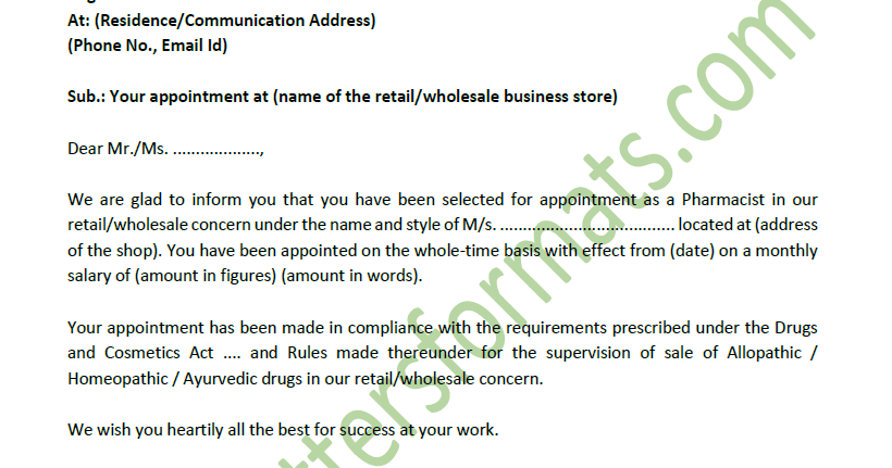 Letter of Appointment for a Registered Pharmacist In-charge