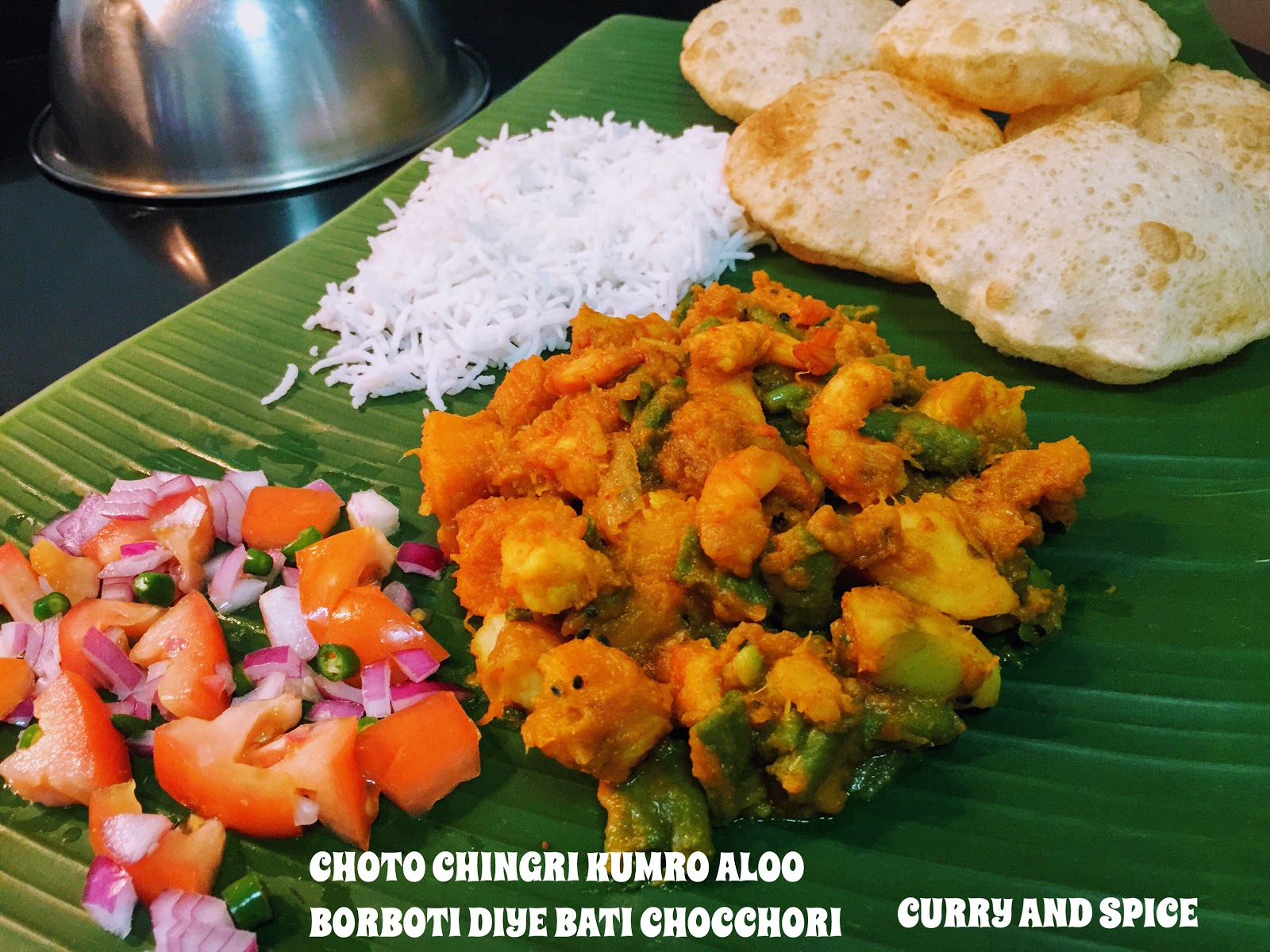 CURRY AND SPICE: CHOTO CHINGRI KUMRO ALOO BORBOTI DIYE BATI CHOCCHORI