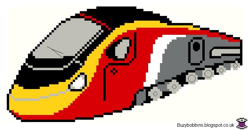 Buzy Bobbins: Red and yellow high speed train cross stitch design