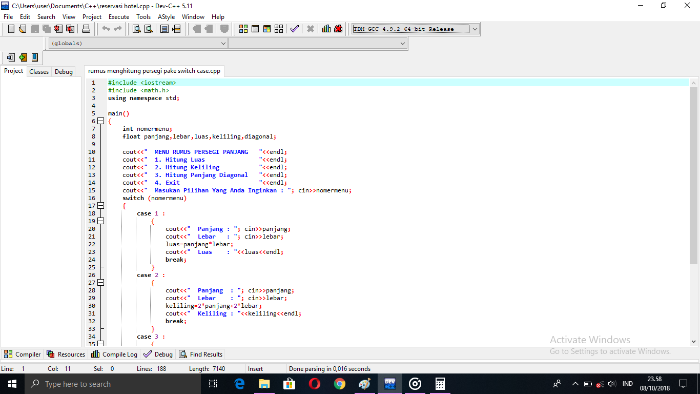 Tutorial C++ | Program Menghitung Rumus Persegi (Luas, Keliling dan Panjang Diagonal) ~ Tutorial ...