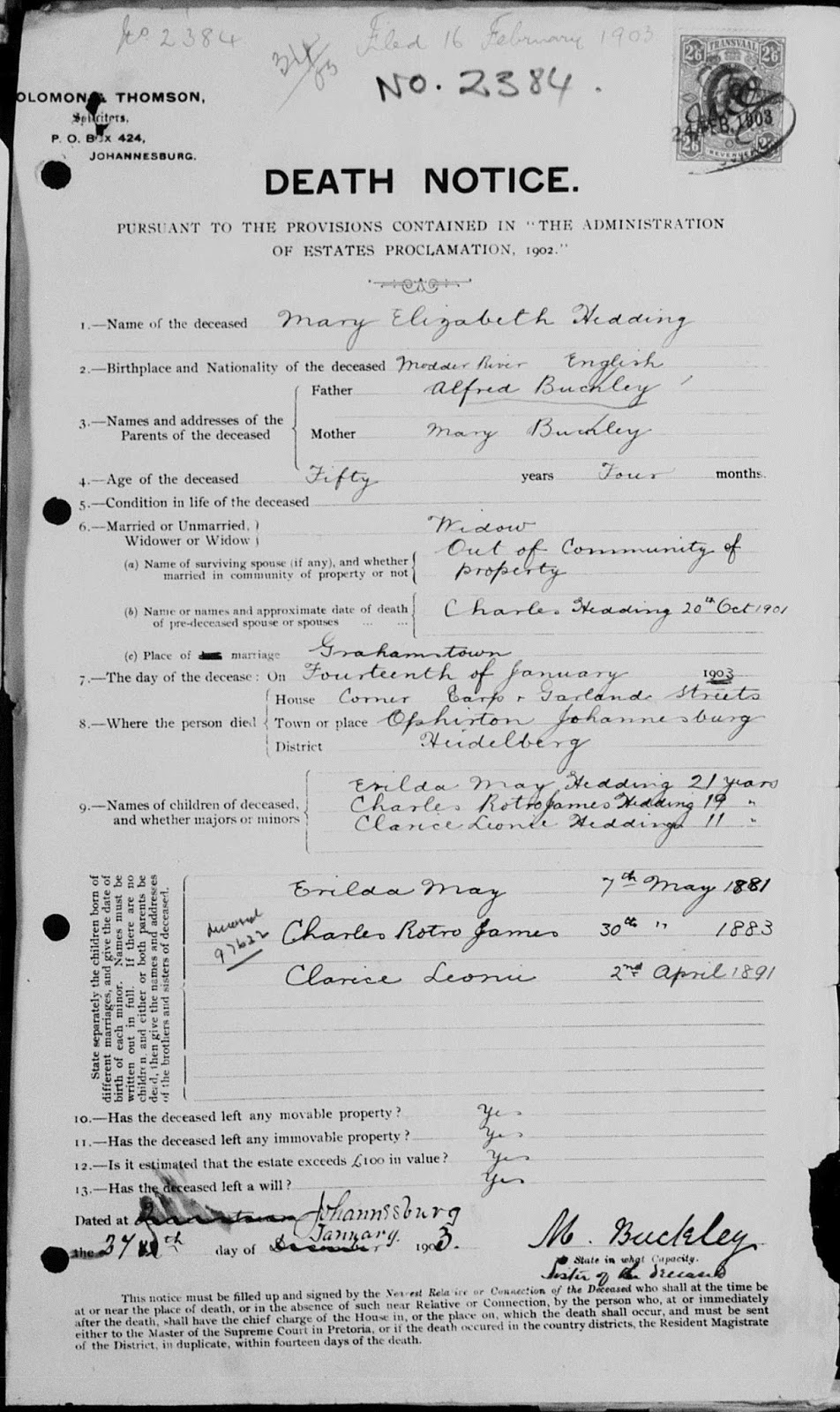 Hedding Family Tree - Africa/Australia: Mary Elizabeth Buckley (1852-1903)