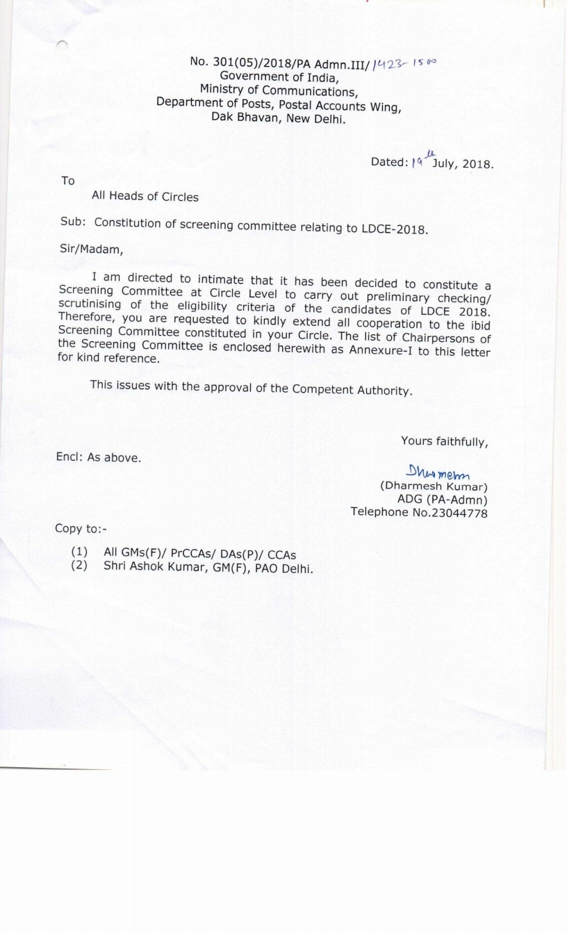 Constitution of screening committee relating to LDCE 2018 - DOP Order ...