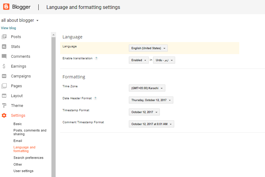all about blogger: How to set language and formatting setting in blogger
