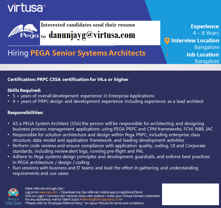 jobsoftheday: Hiring Pega Senior Systems Architects @ Bangalore