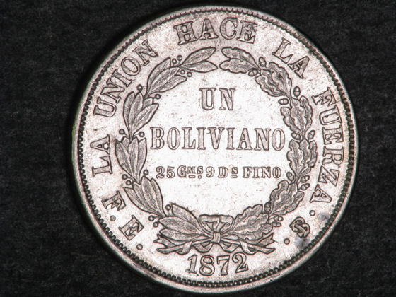 Bolivian Boliviano Silver coin, mint year 1872.