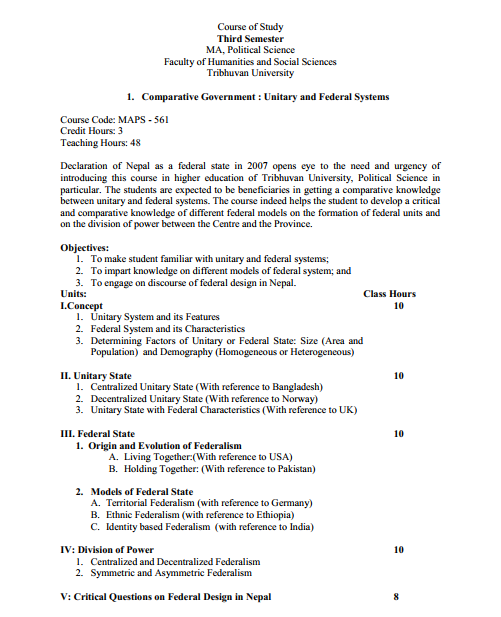 Fourth Semester Course Syllabus of Master Degree Political Science (TU)