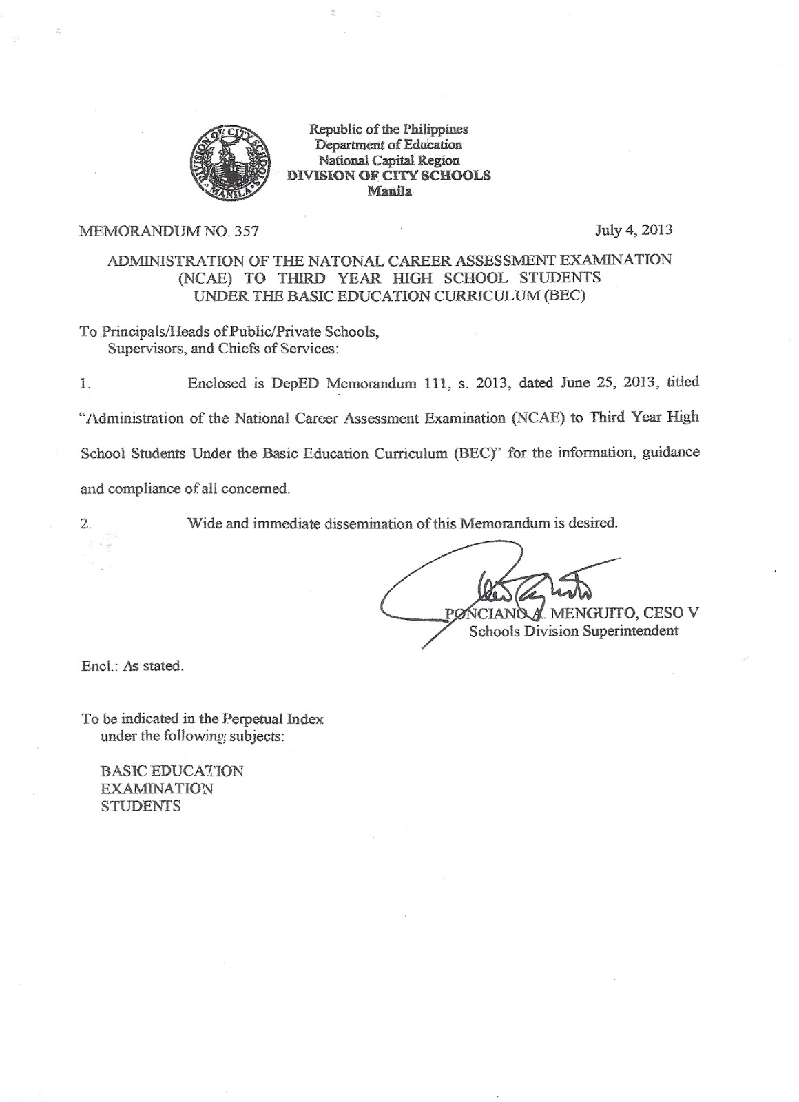 Department of Education Manila: Memorandum No. 357, Administration of ...