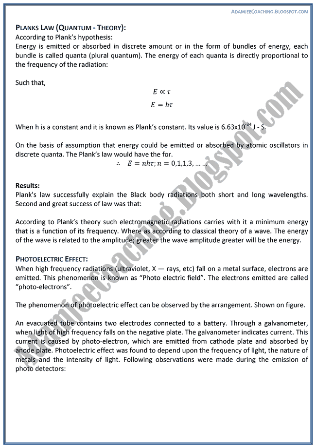 Adamjee Coaching: Advent of Modern Physics - Theory Notes - Physics XII