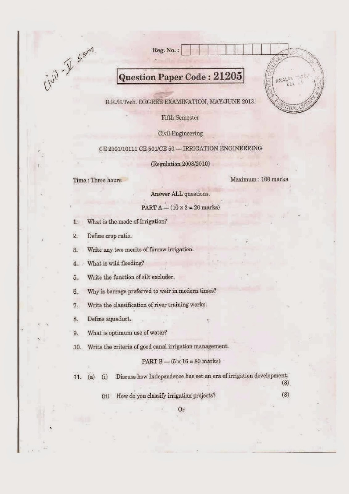 CE 2301 Irrigation Engineering May June 2013 Civil Engineering Anna ...