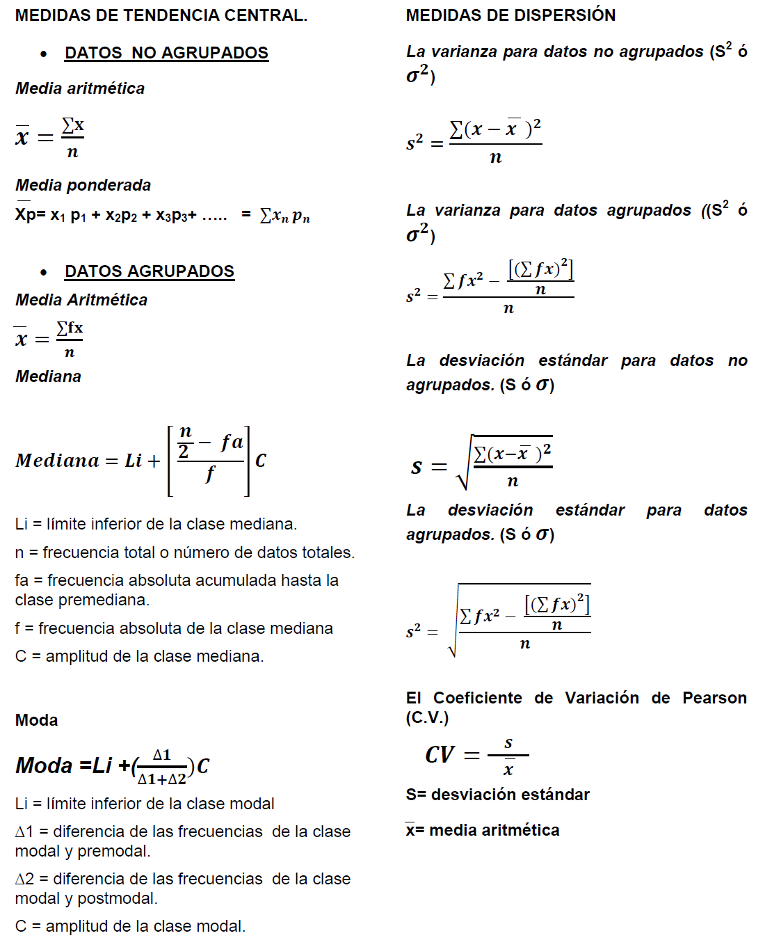 Formulario de medidas de tendencias central y medidas de dispersión.
