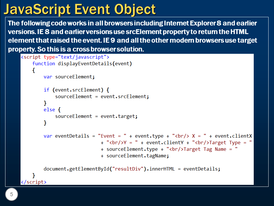 Sql server, .net and c# video tutorial: JavaScript event object