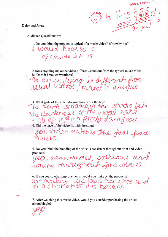 Jayne & Daisy A2: Evaluation: Audience Questionnaire - Scanned Sample
