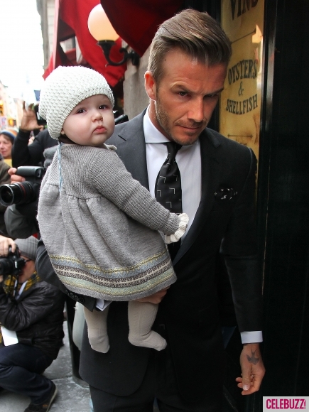 David & Victoria Beckham Step Out for Lunch with Baby Harper