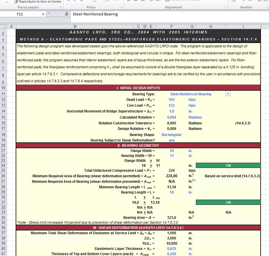elastomeric bearings Design Spreadsheet - Civil engineering program