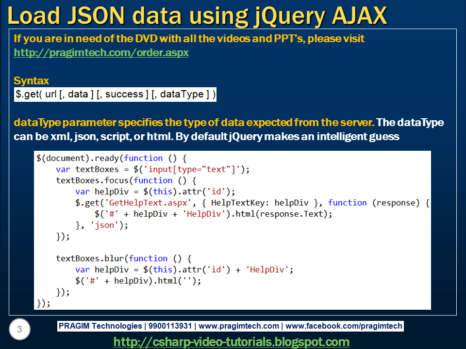 Sql server, .net and c# video tutorial: load json data using jquery ajax Sql server, .net and c# video tutorial: load json data using jquery ajax
