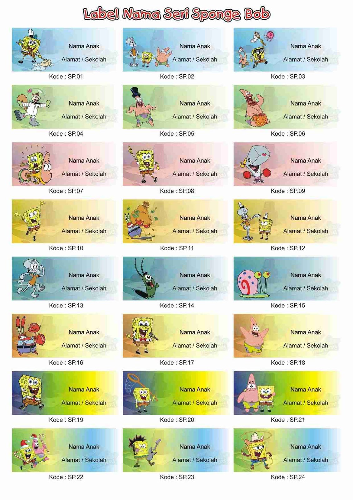 Stiker Label Nama: Spongebob Series